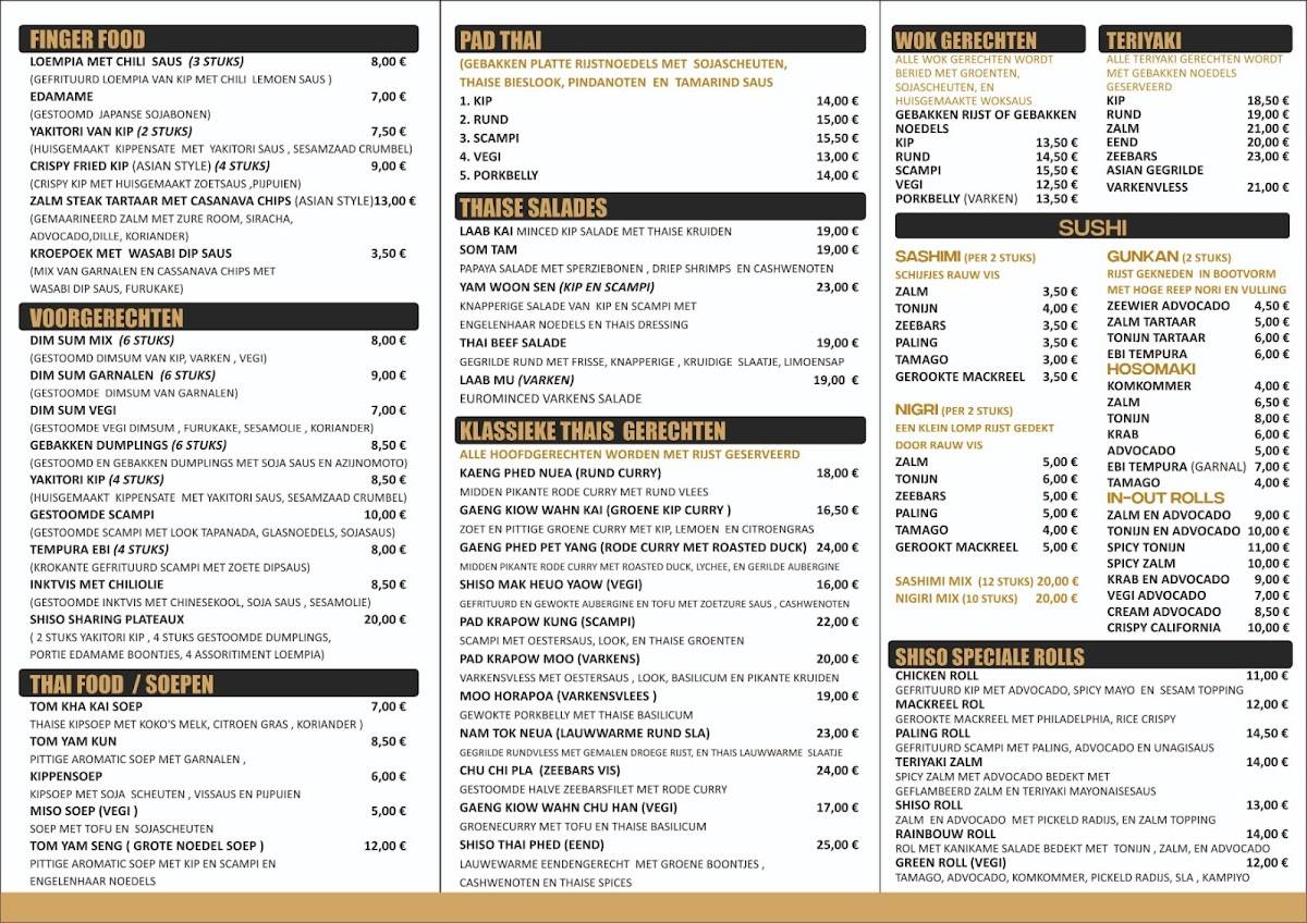 Speisekarte von Shiso sushi and thai, Sint-Niklaas