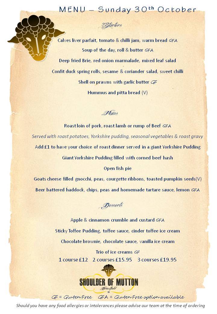 Menu at Shoulder of Mutton Briestfield pub & bar, Dewsbury