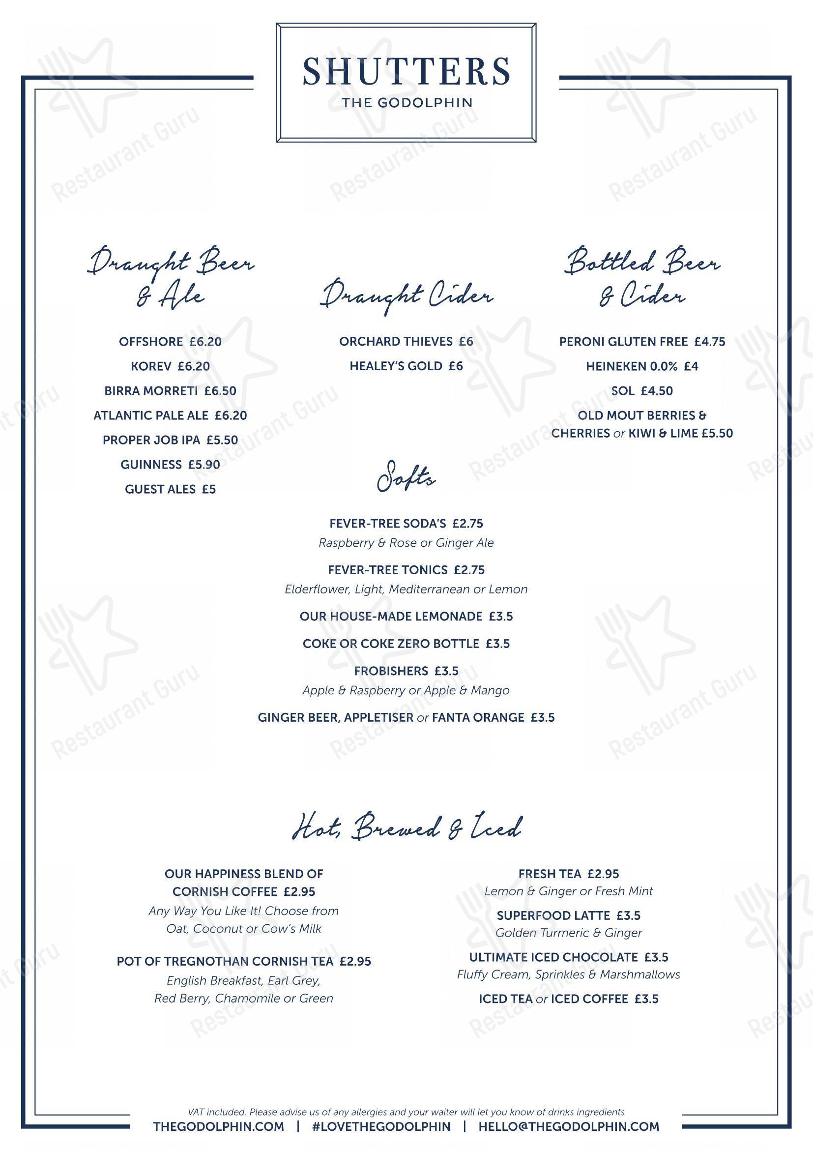 Menu at Shutters at The Godolphin restaurant, Marazion