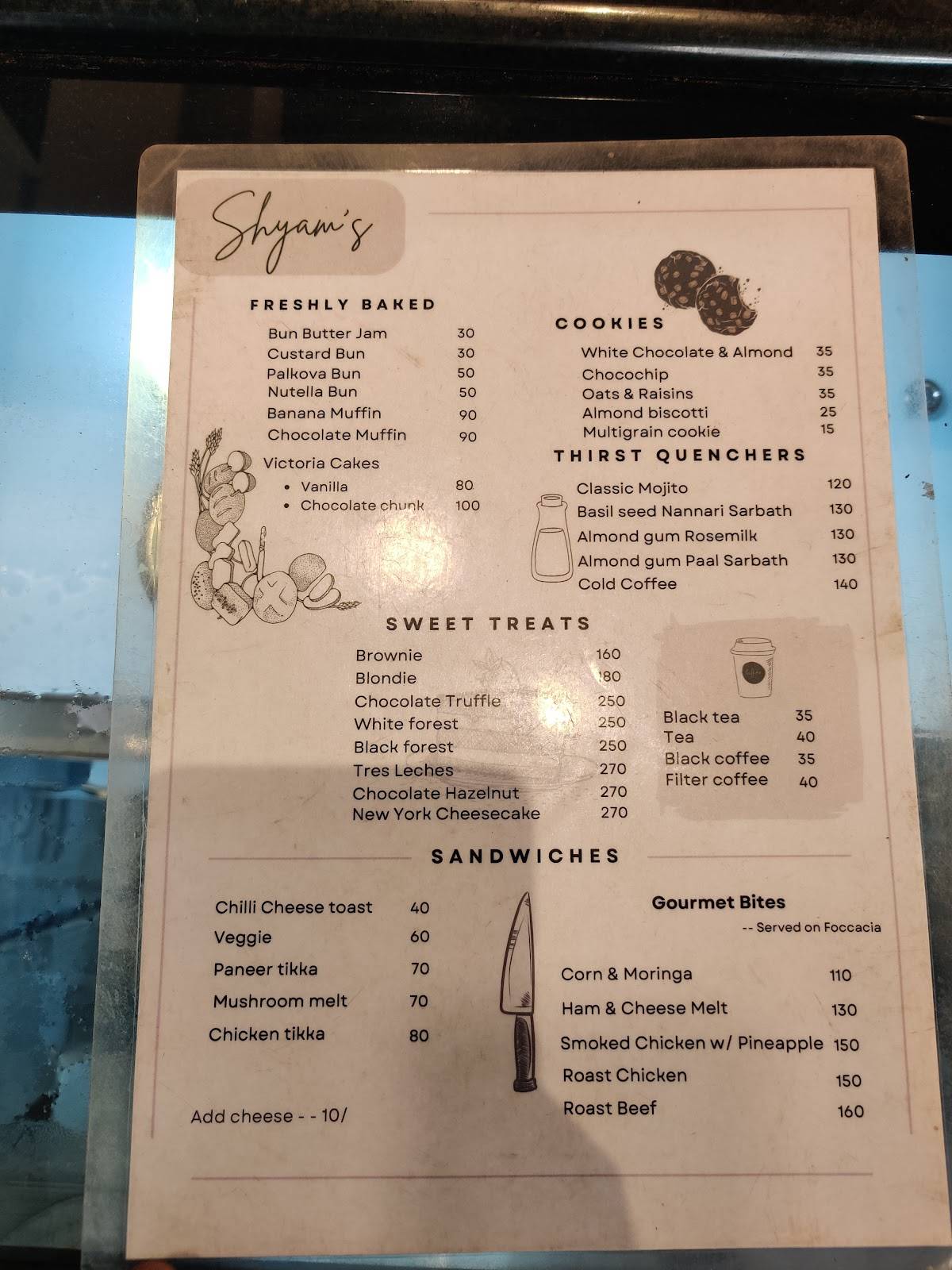 Menu at Shyam's, Chennai