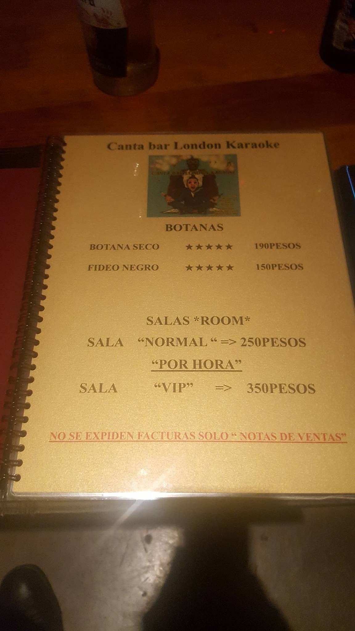 Carta de Canta Bar London Karaoke, Ciudad de México