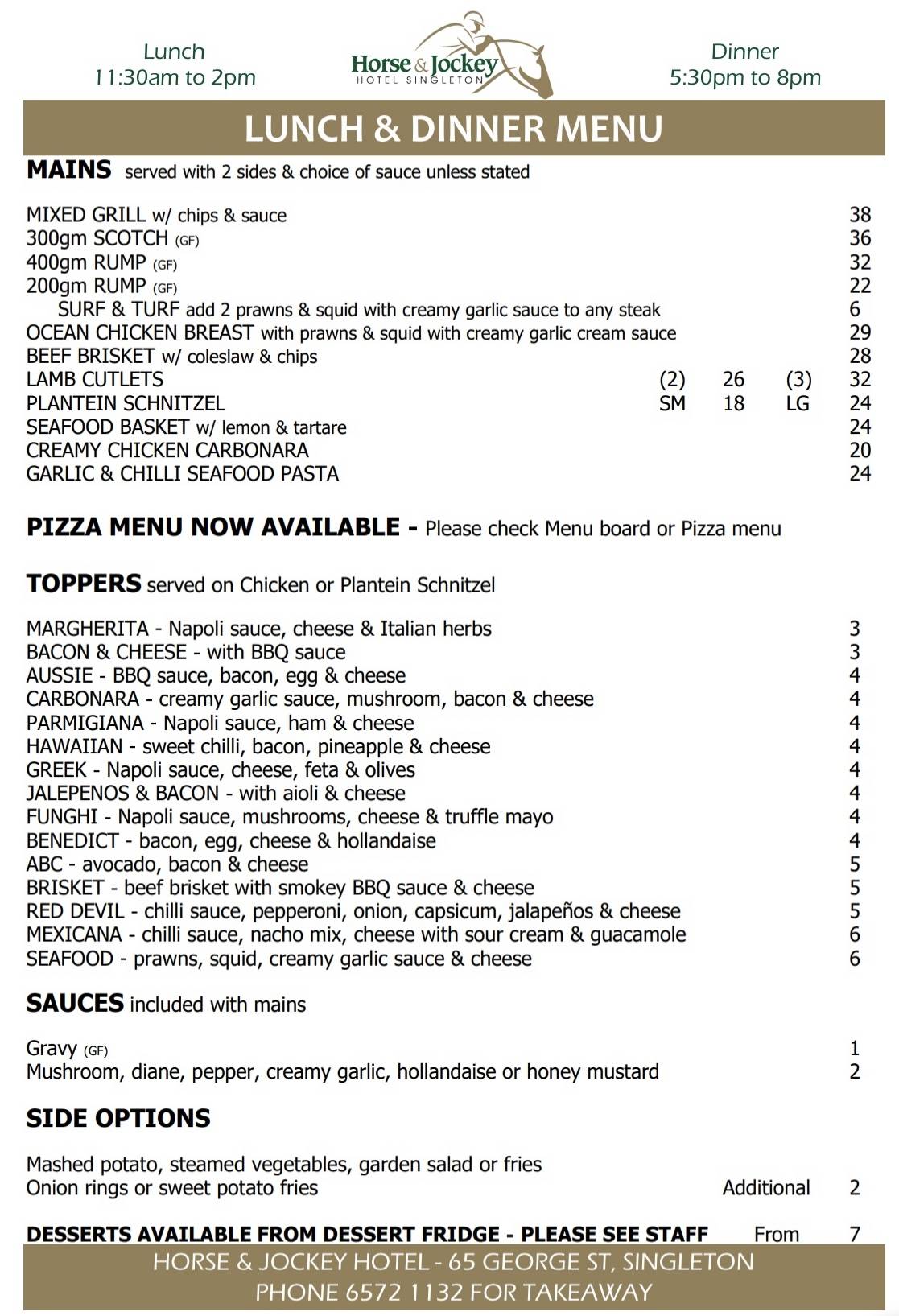 Menu at Horse and Jockey pub & bar, Singleton