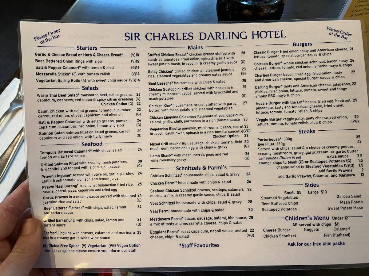 Menu at Sir Charles Darling Hotel restaurant, Geelong