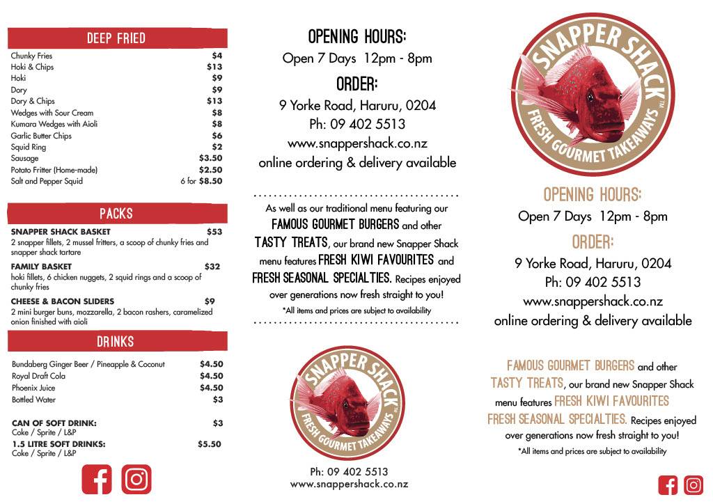 Menu at Snapper Shack, Haruru