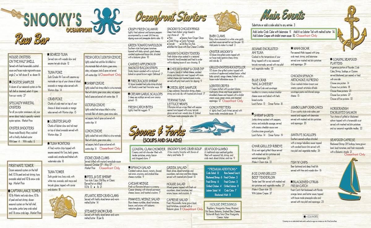 Menu at Snooky's Oceanfront pub & bar, North Myrtle Beach