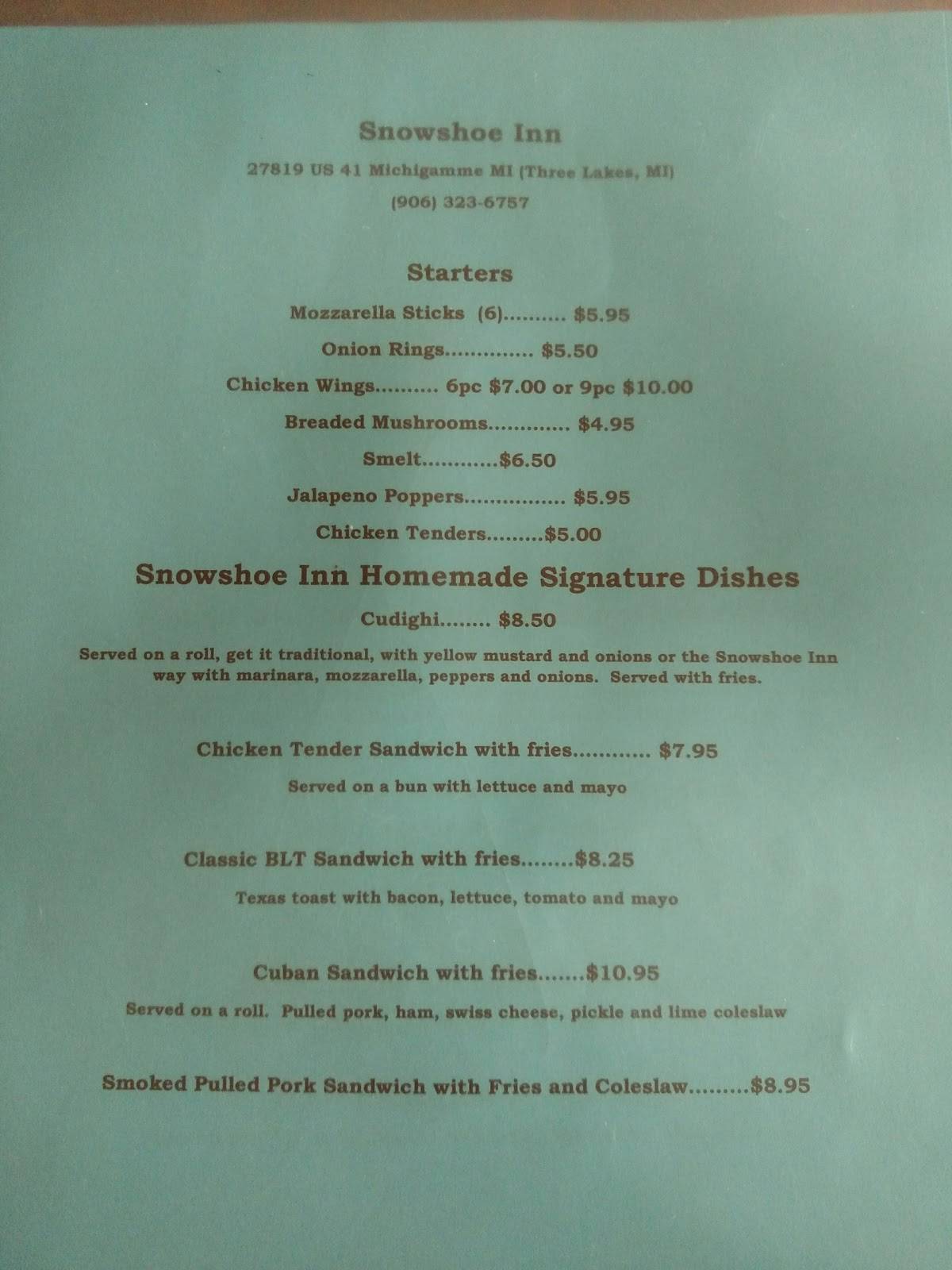 Menu at Snowshoe Inn pub & bar, Michigamme Township, US-41 #9003