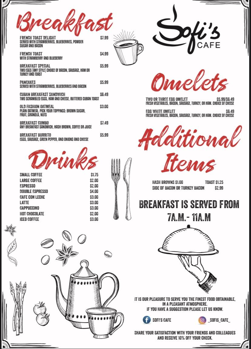 Menu at Sofi's Cafe, Fort Lauderdale