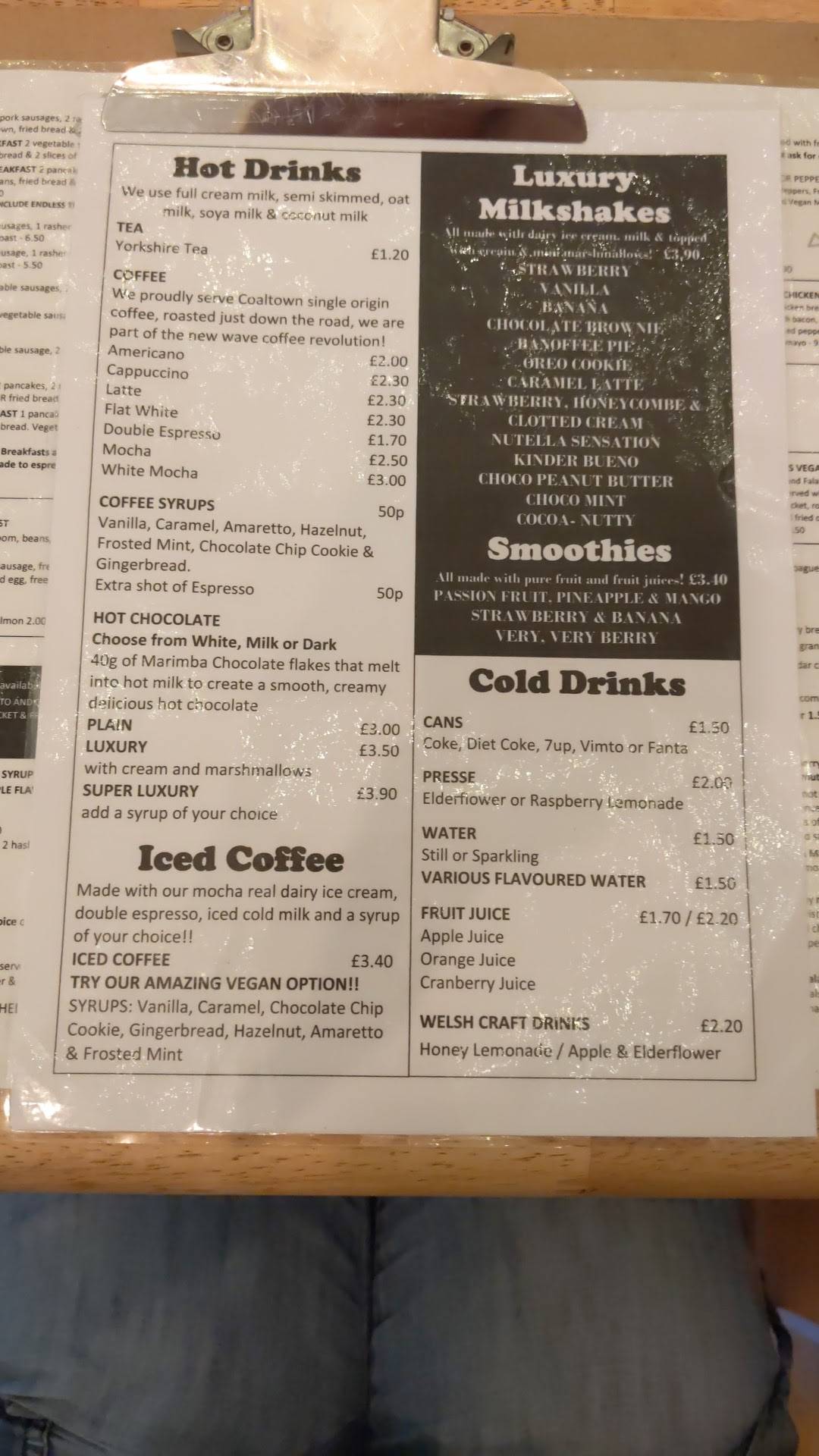 Menu at Sophie's cafe, Aberystwyth