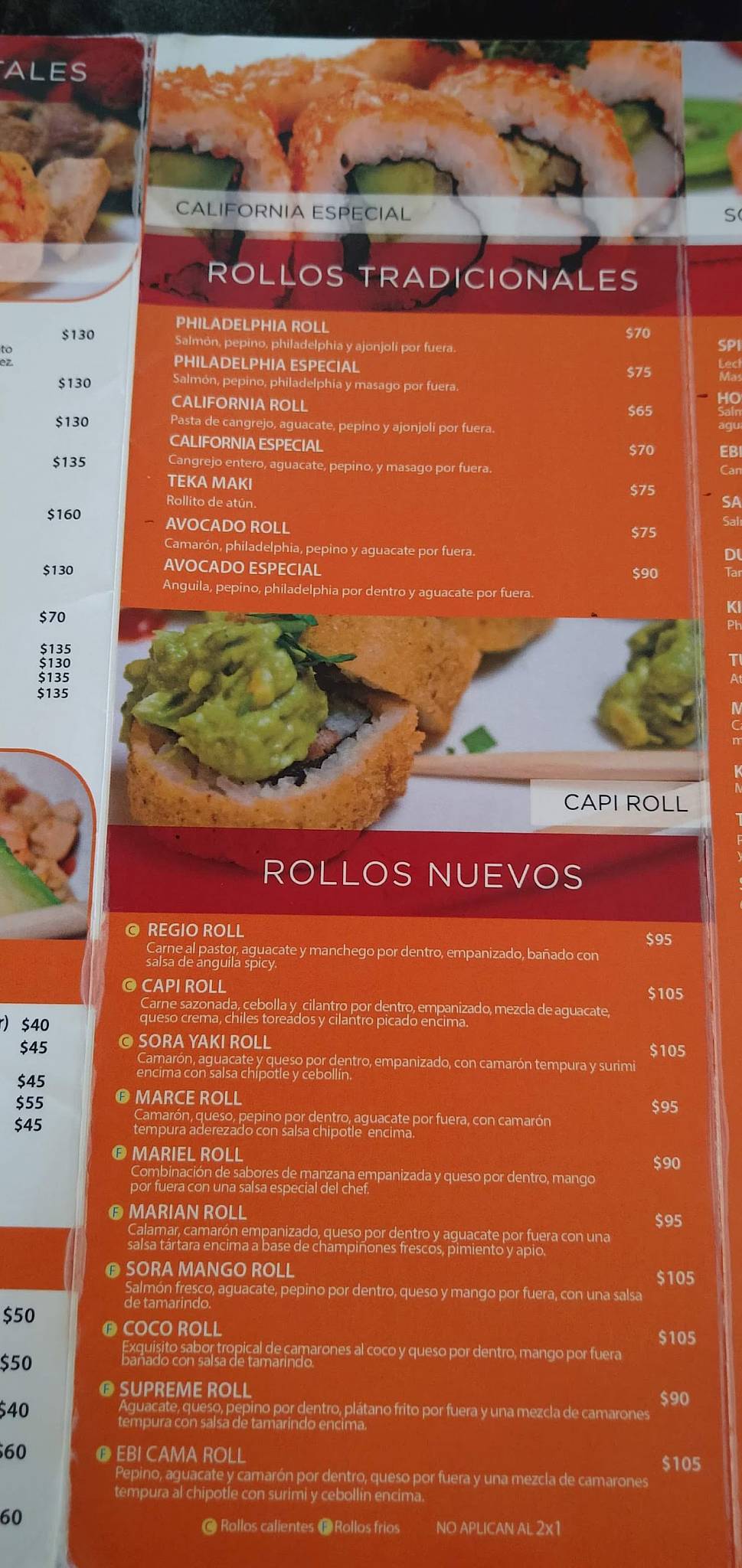 Carta de Sora Sushi Bar, Reynosa