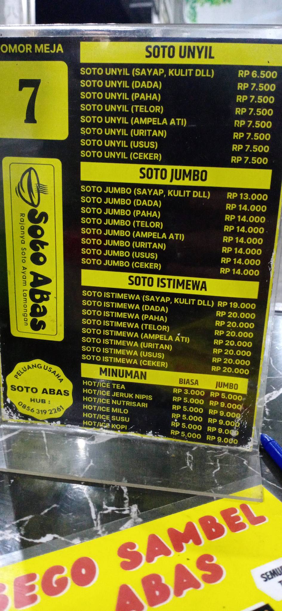 Menu at Soto Abas Betro restaurant, Sidoarjo