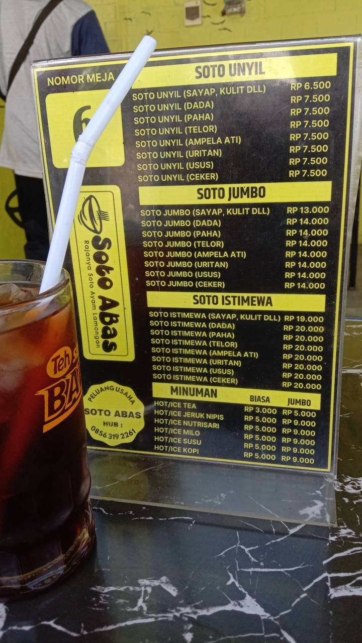 Menu at Soto Abas Betro restaurant, Sidoarjo