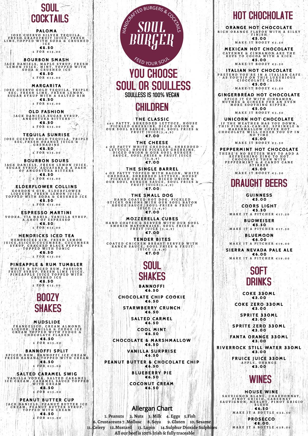 Menu at Soul Burger & Pizza's, Kildare