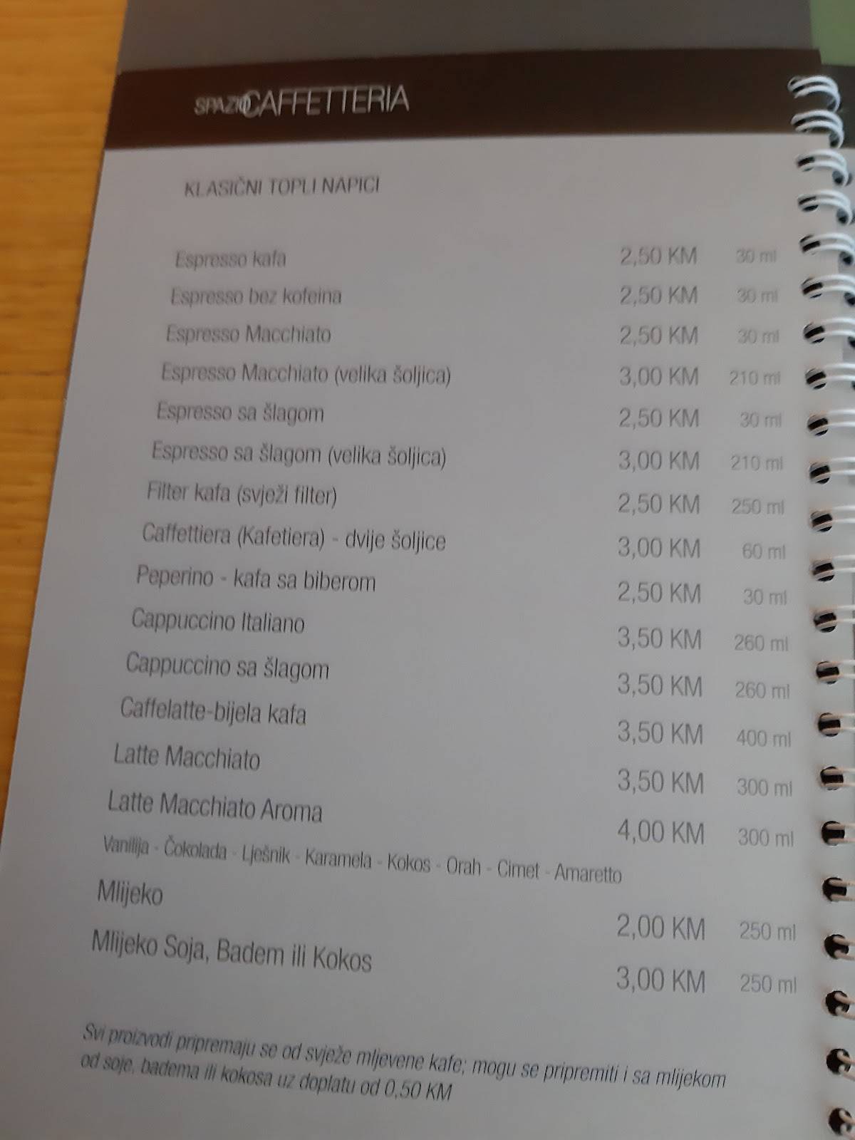 Menu at Spazio Gourmet restaurant, Sarajevo