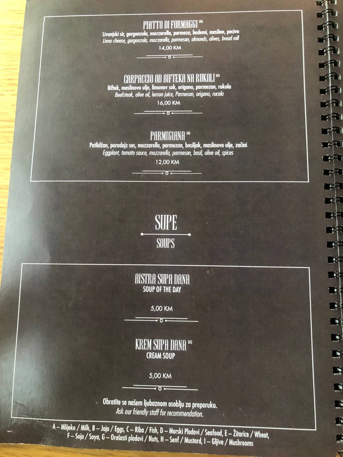 Menu at Spazio Gourmet restaurant, Sarajevo