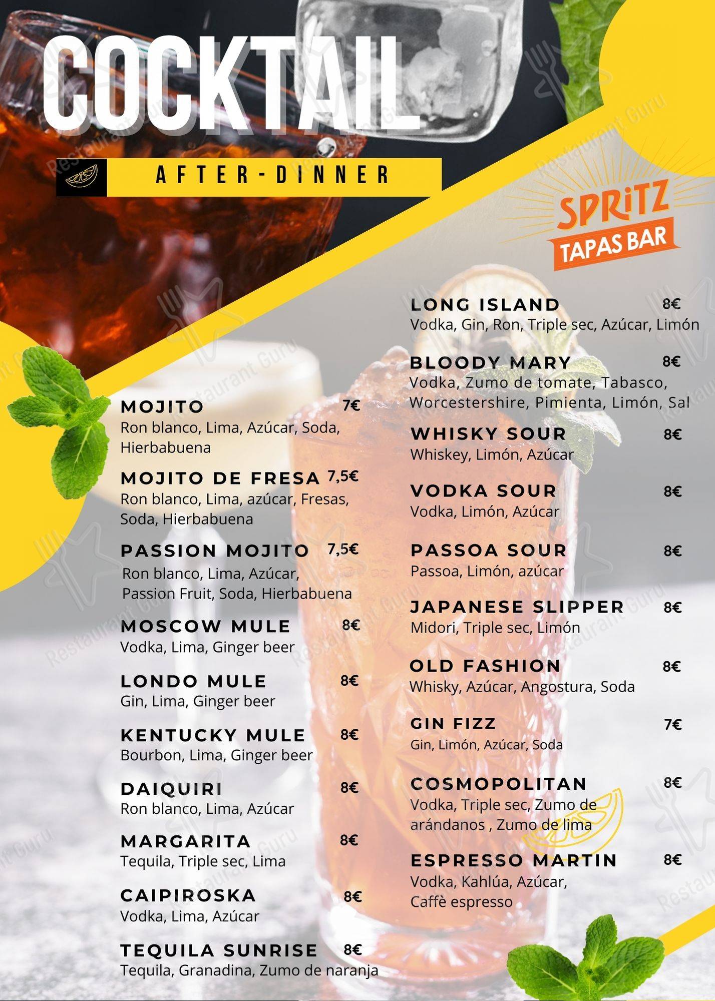 Carta de Spritz Bar, Málaga
