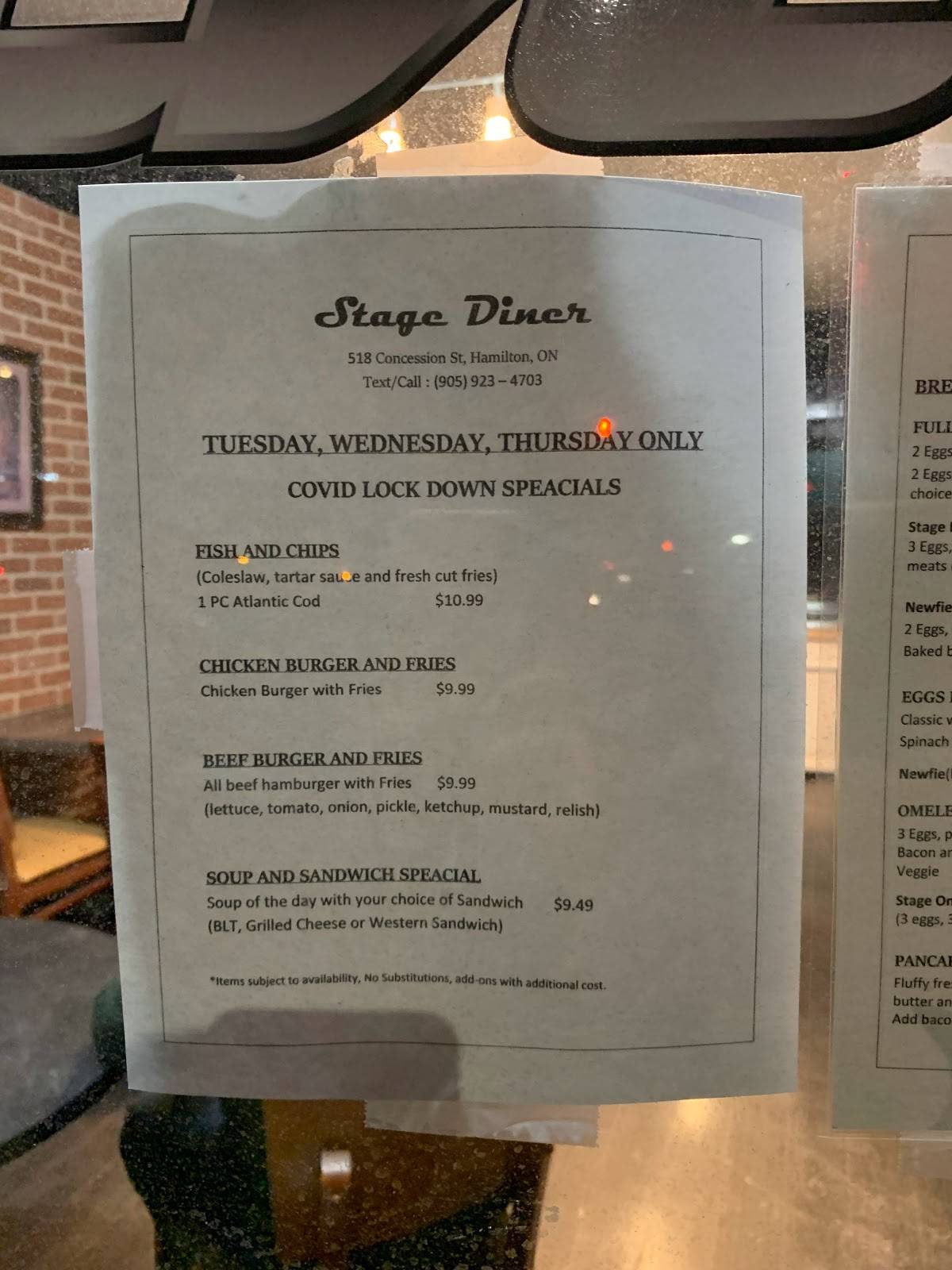 Menu at Stage Diner restaurant, Hamilton
