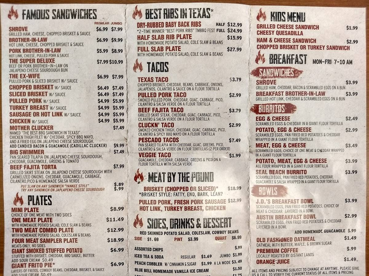 Menu at Stanley's Famous Pit Barbecue, Tyler