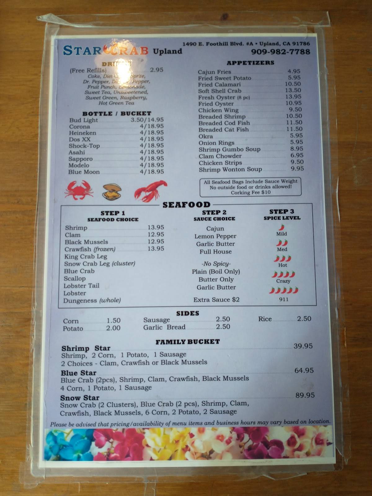 Menu at Star Crab restaurant, Upland