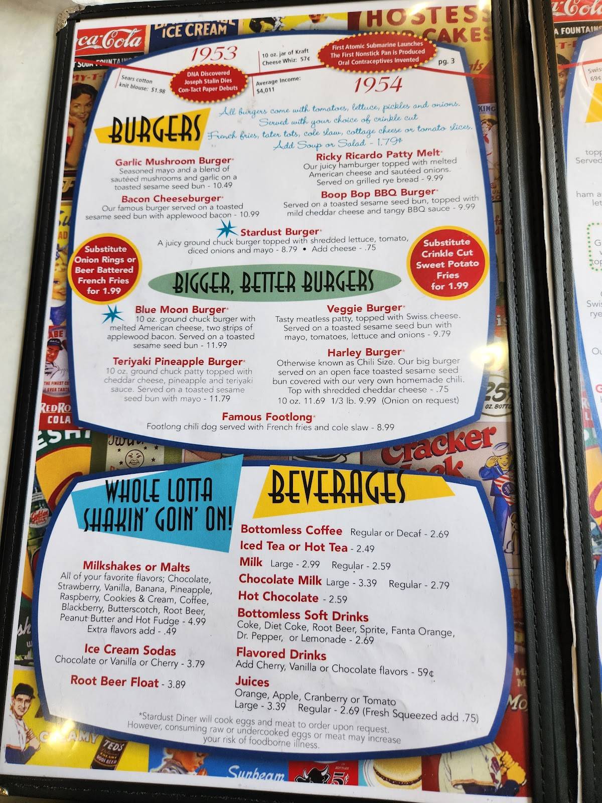 Menu at Stardust Diner cafe, Vancouver