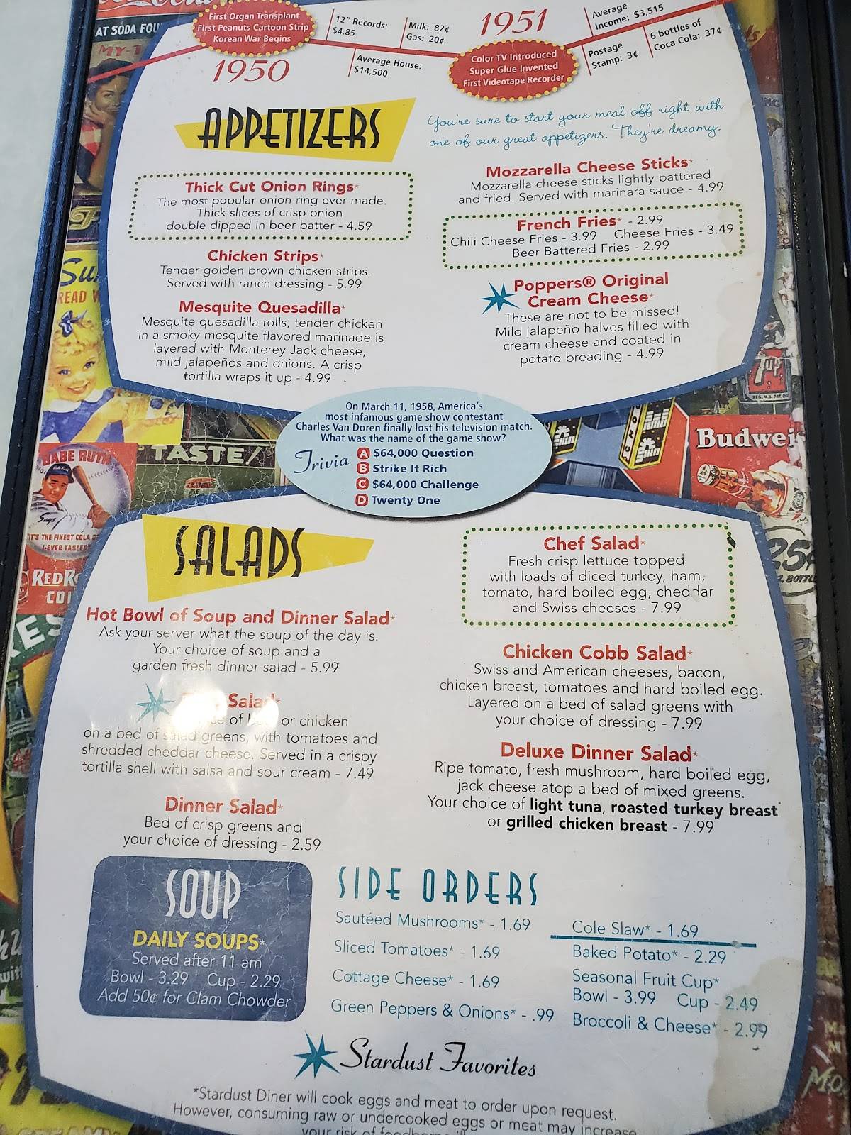 Menu at Stardust Diner cafe, Vancouver