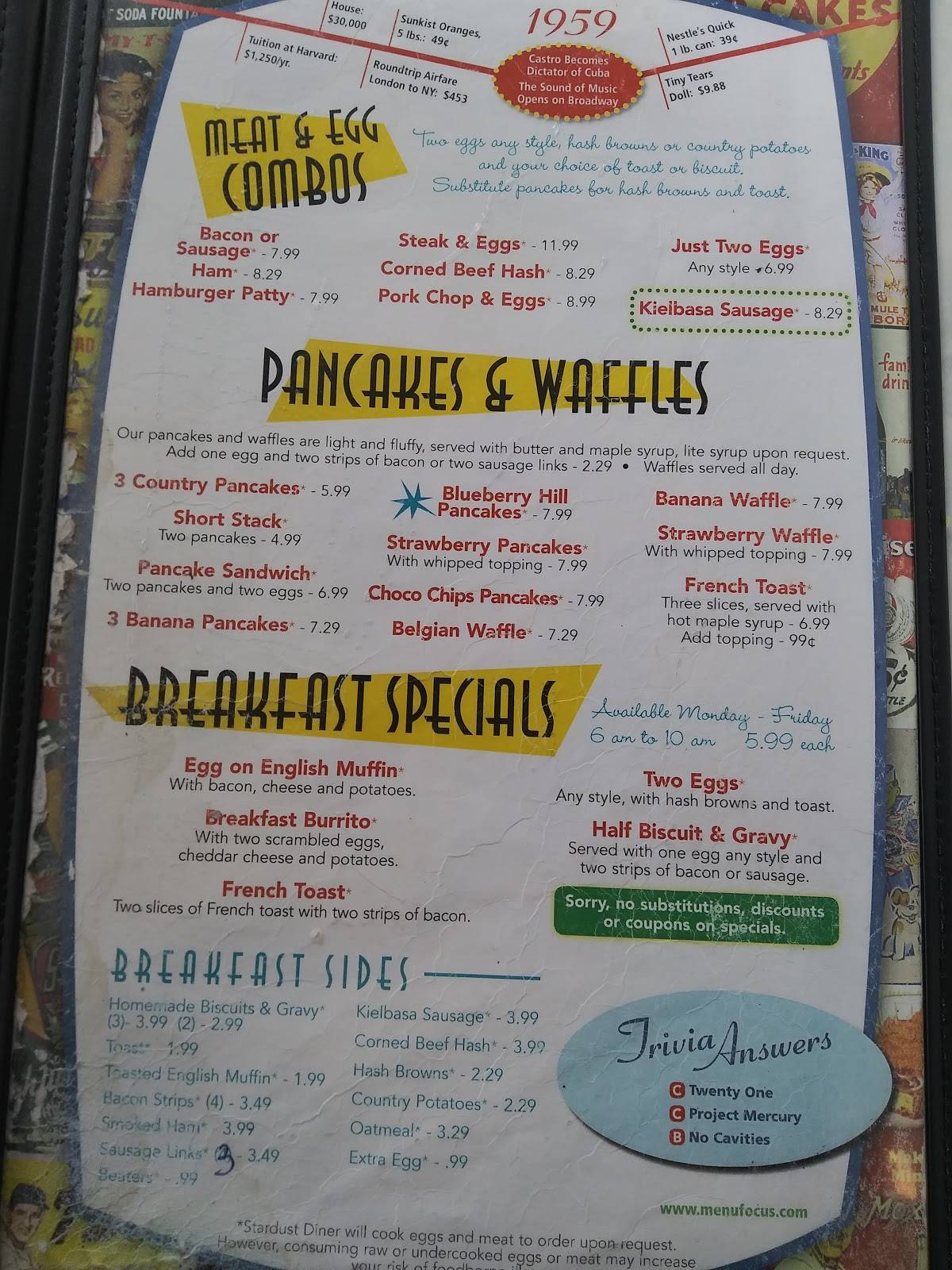 Menu at Stardust Diner cafe, Vancouver
