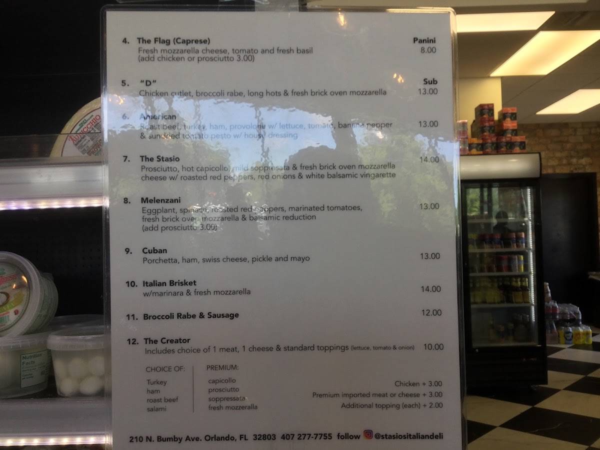 Menu at Stasio's Italian Deli & Market restaurant, Orlando