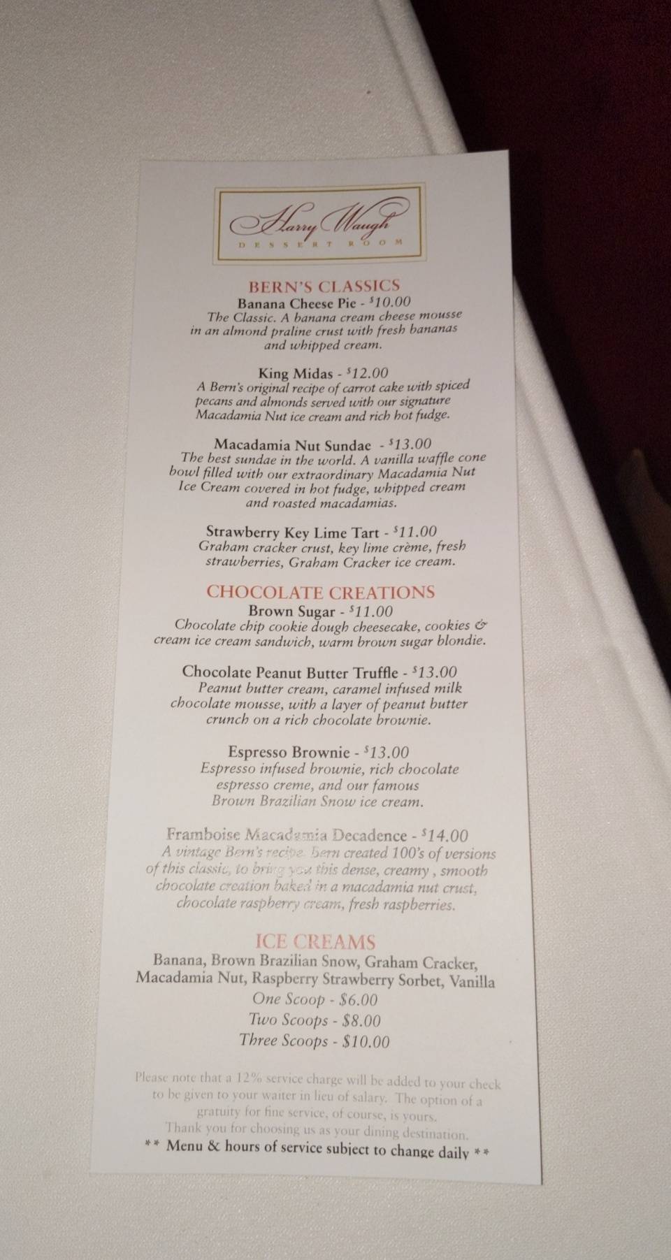 Menu at Bern's Steak House steakhouse, Tampa, 1208 S Howard Ave