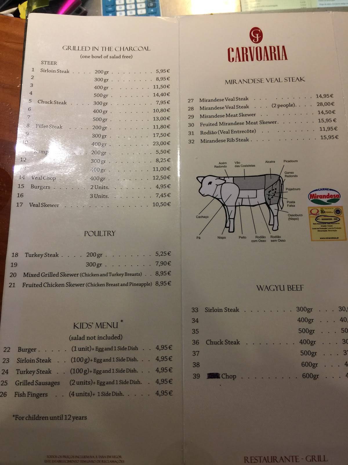 Menu at A Carvoaria restaurant, Lisbon, R. Maria Andrade 6A