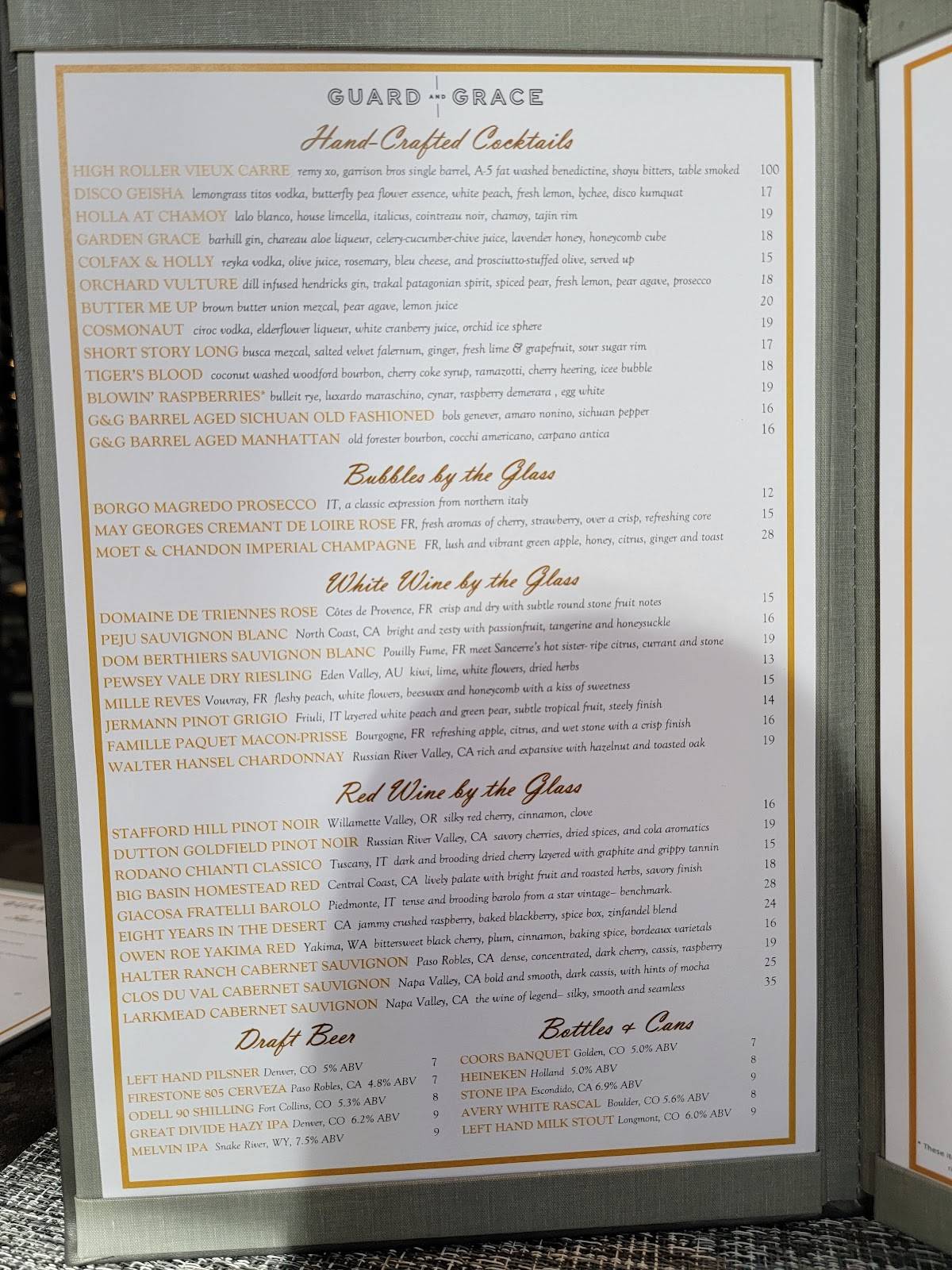 Menu at Guard and Grace steakhouse, Denver