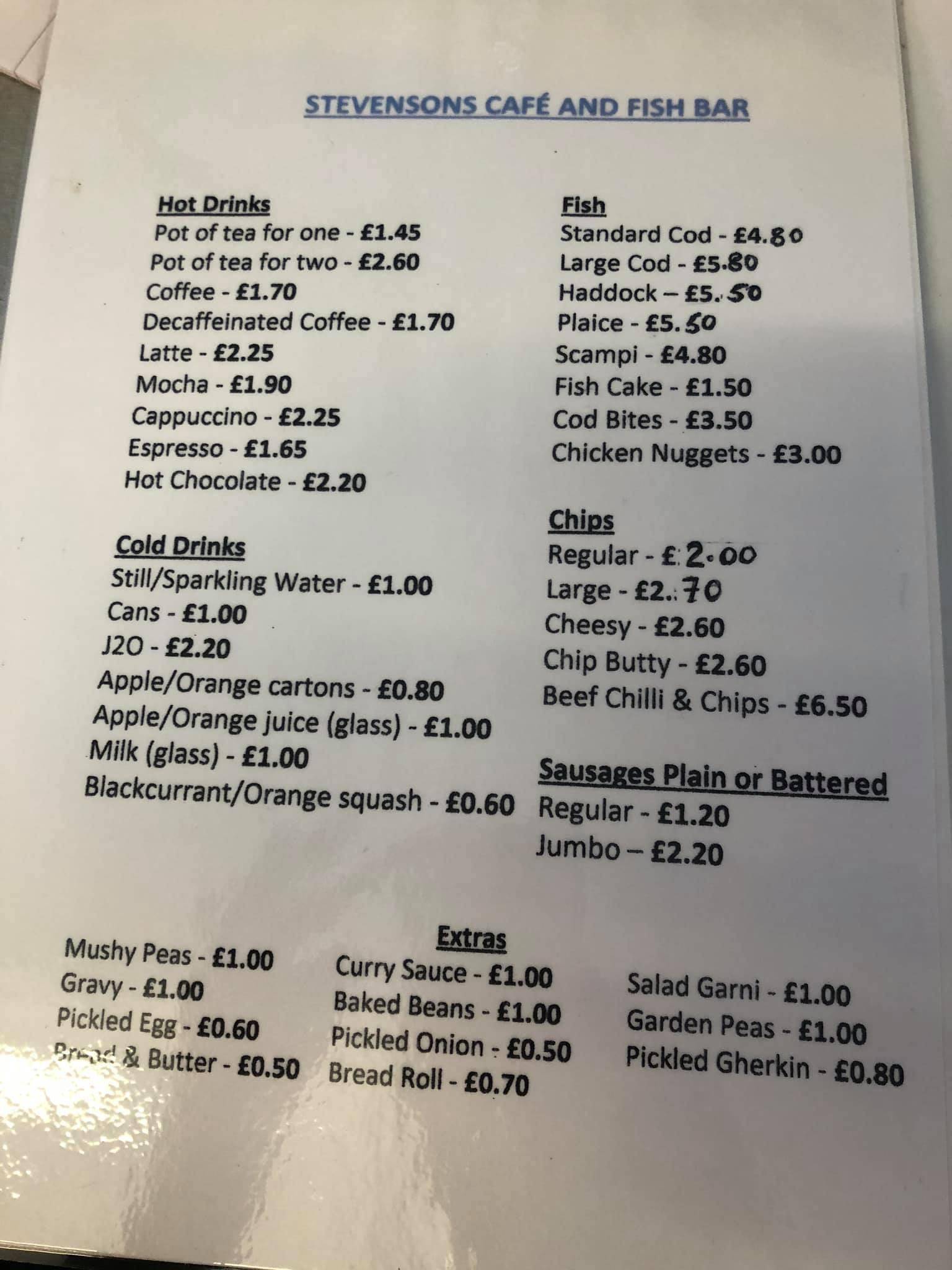 Menu at Stevenson's Fish Bar, Sheringham