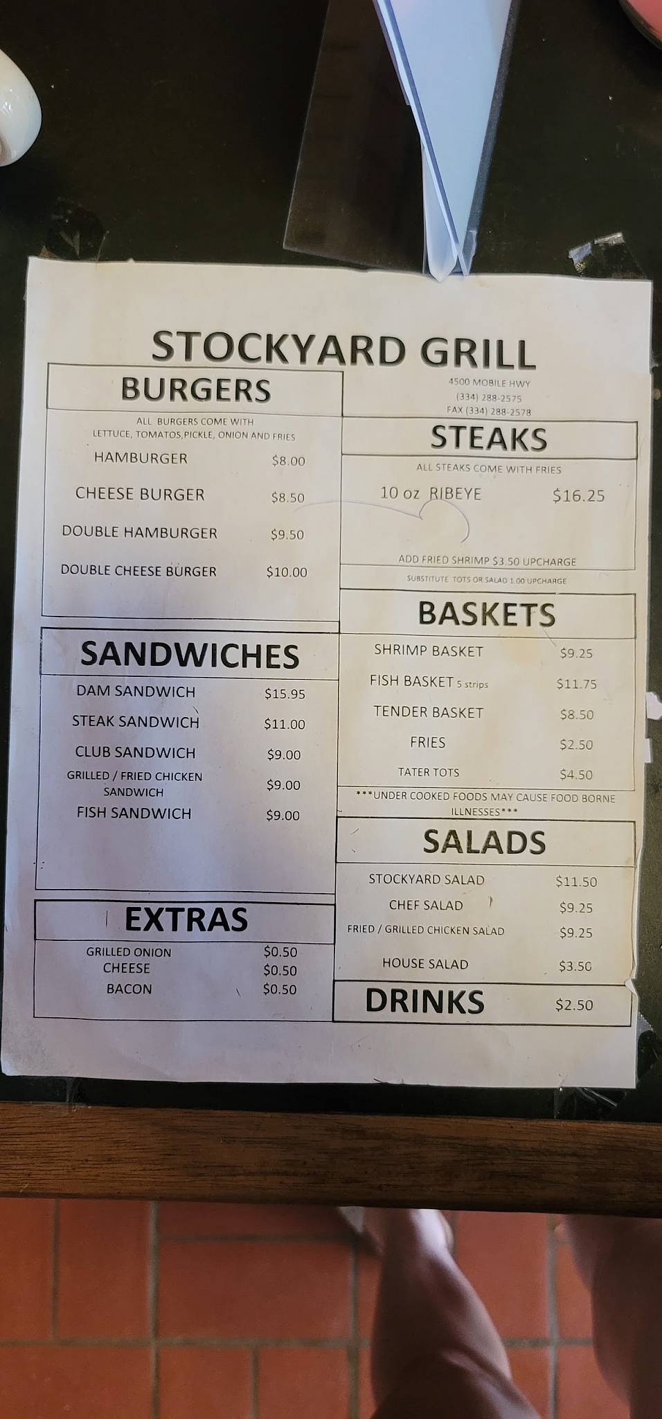 Menu at Stockyard Grill restaurant, Montgomery