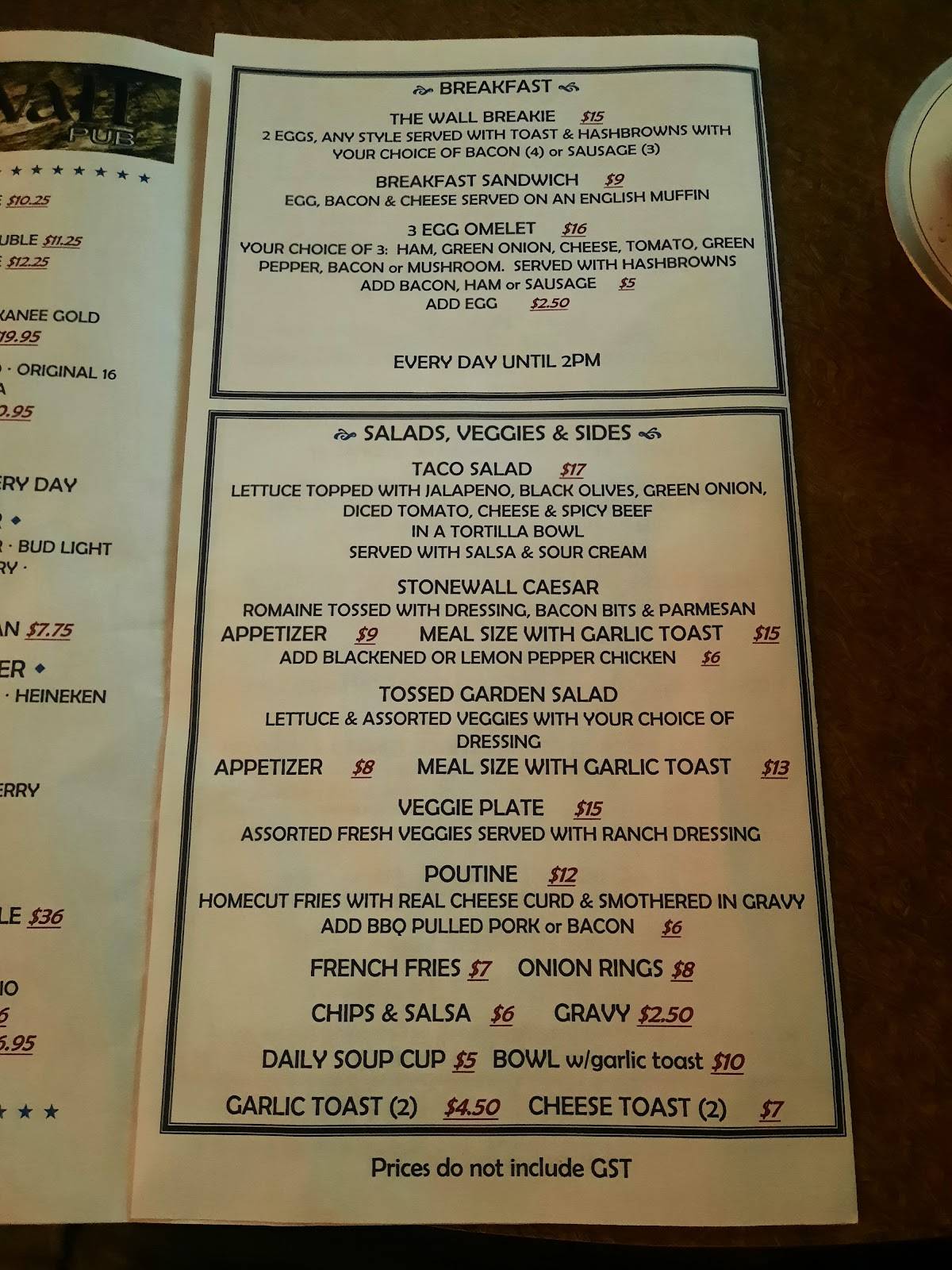 Menu at Stonewall Pub, Calgary