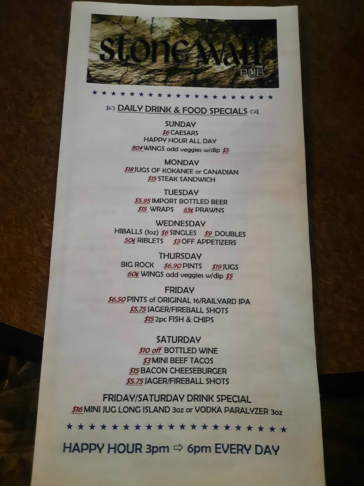 Menu at Stonewall Pub, Calgary