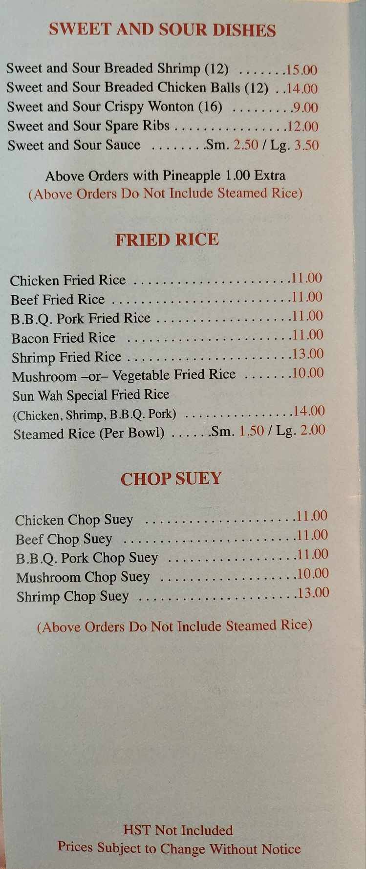 Menu at Sun Wah restaurant, Sudbury