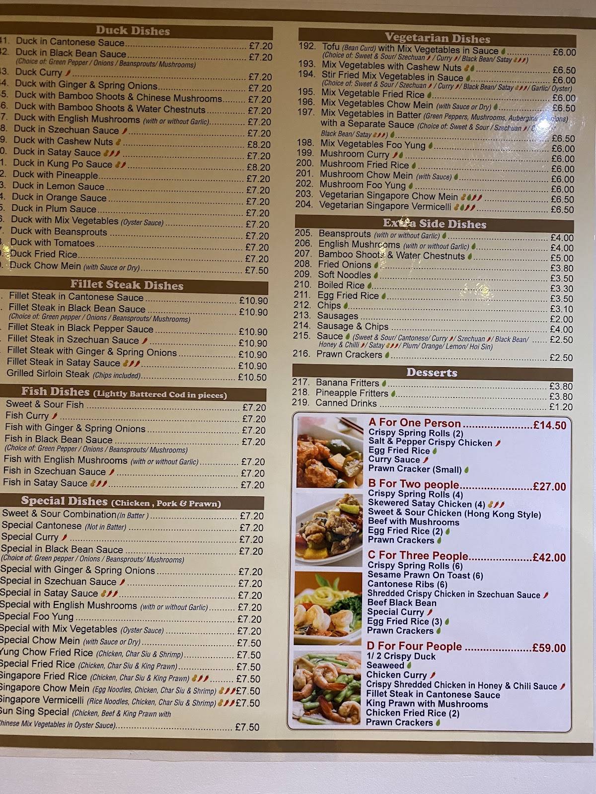 Menu at Sun Sing restaurant, Nantwich