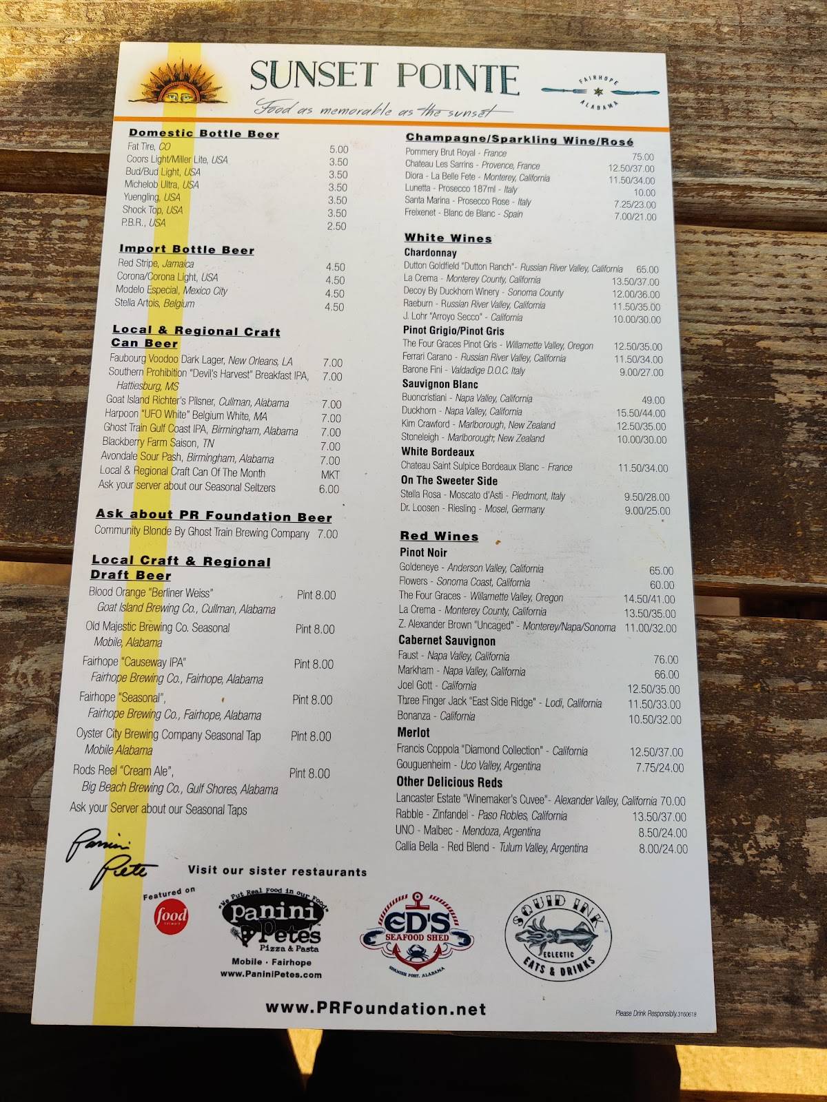 Menu at Sunset Pointe at Fly Creek Marina pub & bar, Fairhope