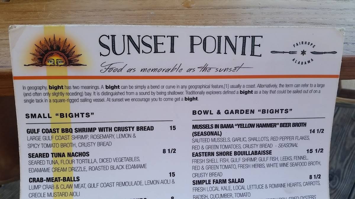 Menu at Sunset Pointe at Fly Creek Marina pub & bar, Fairhope