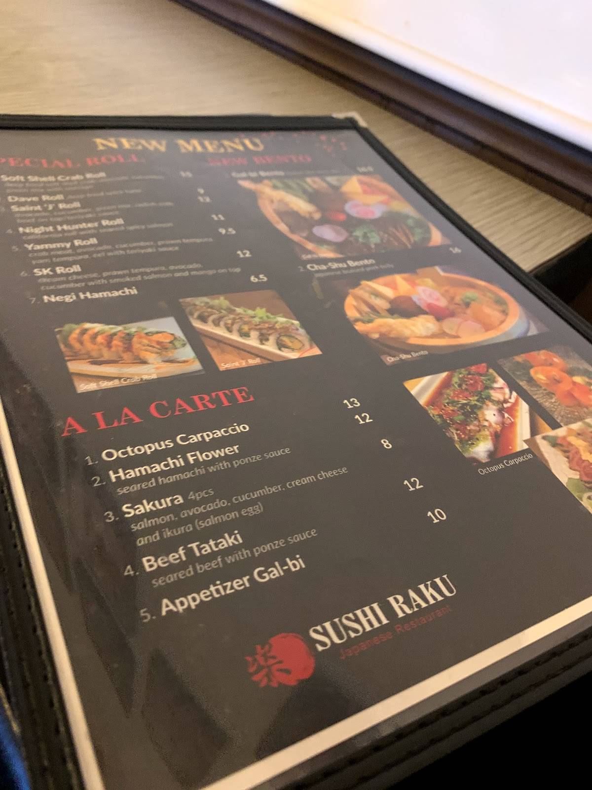 Menu at Sushi Raku restaurant, Saskatoon