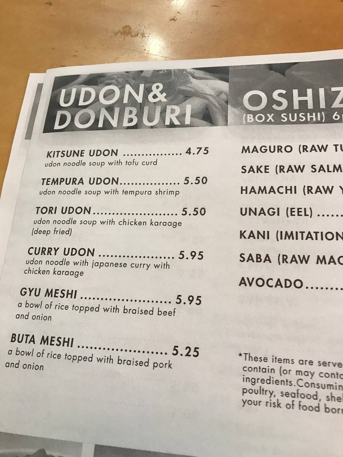 Menu at Sushi Takatsu restaurant, Minneapolis