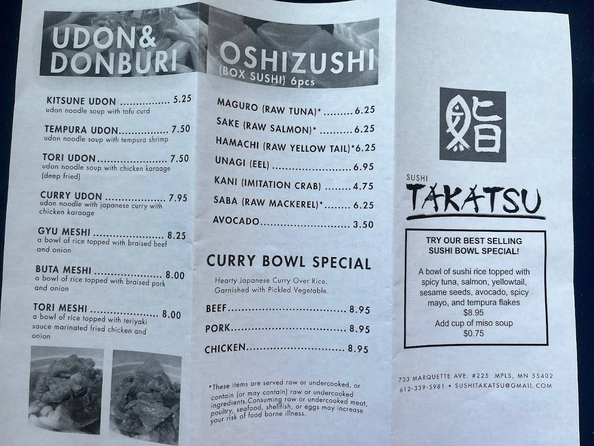 Menu at Sushi Takatsu restaurant, Minneapolis