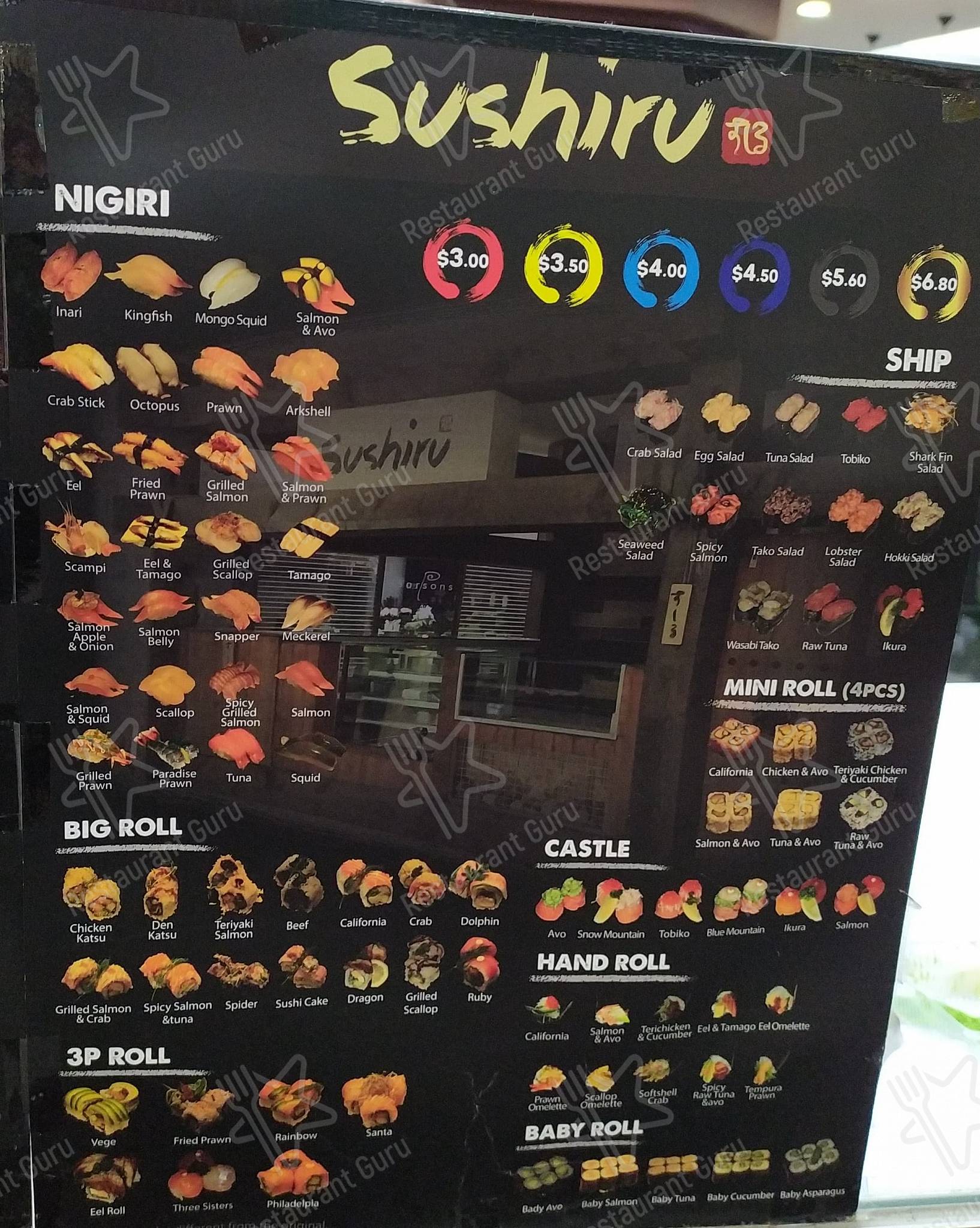 Menu at Sushiru restaurant, Revesby