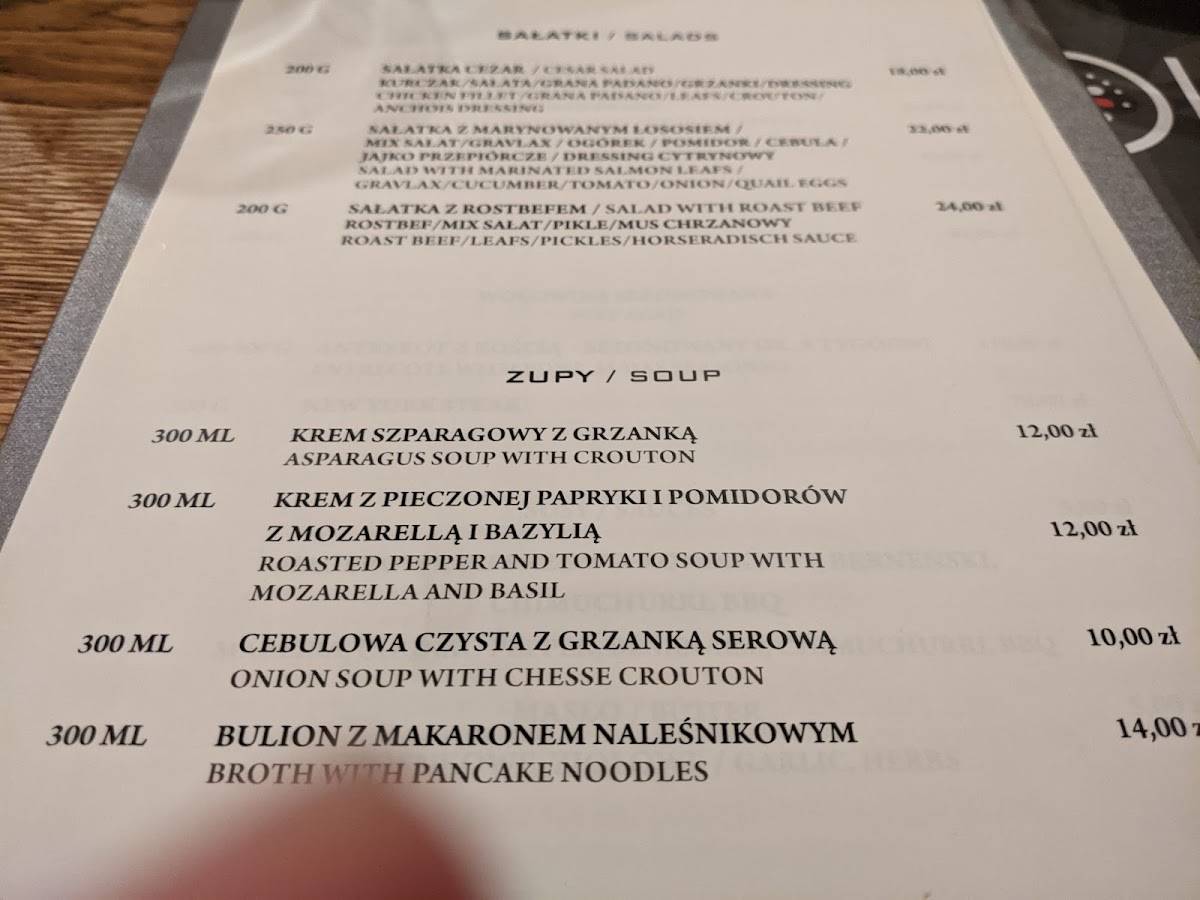 Menu at Sztolnia Wieliczka restaurant, Wieliczka