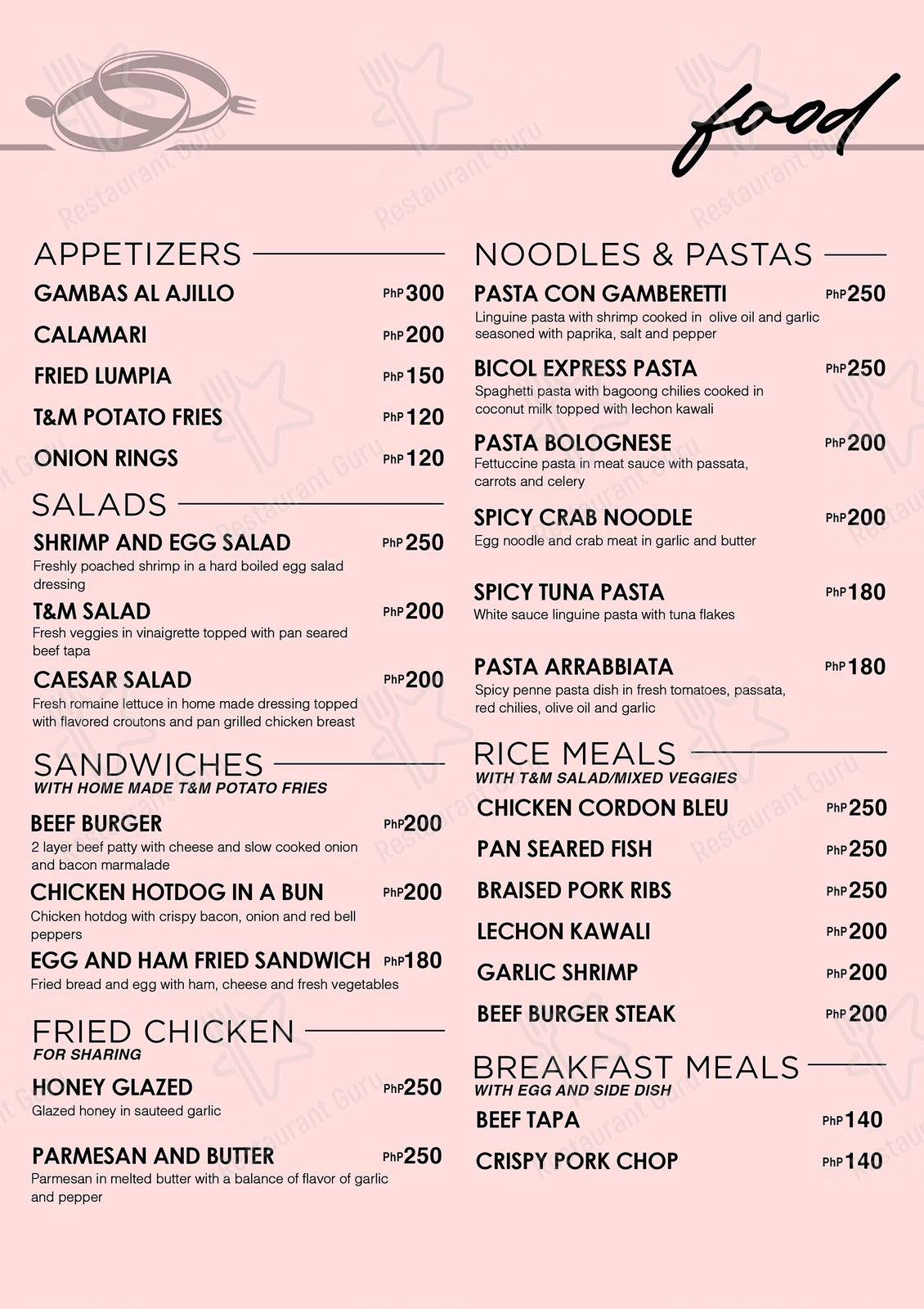 Menu at T&M Restaurant, Sorsogon City