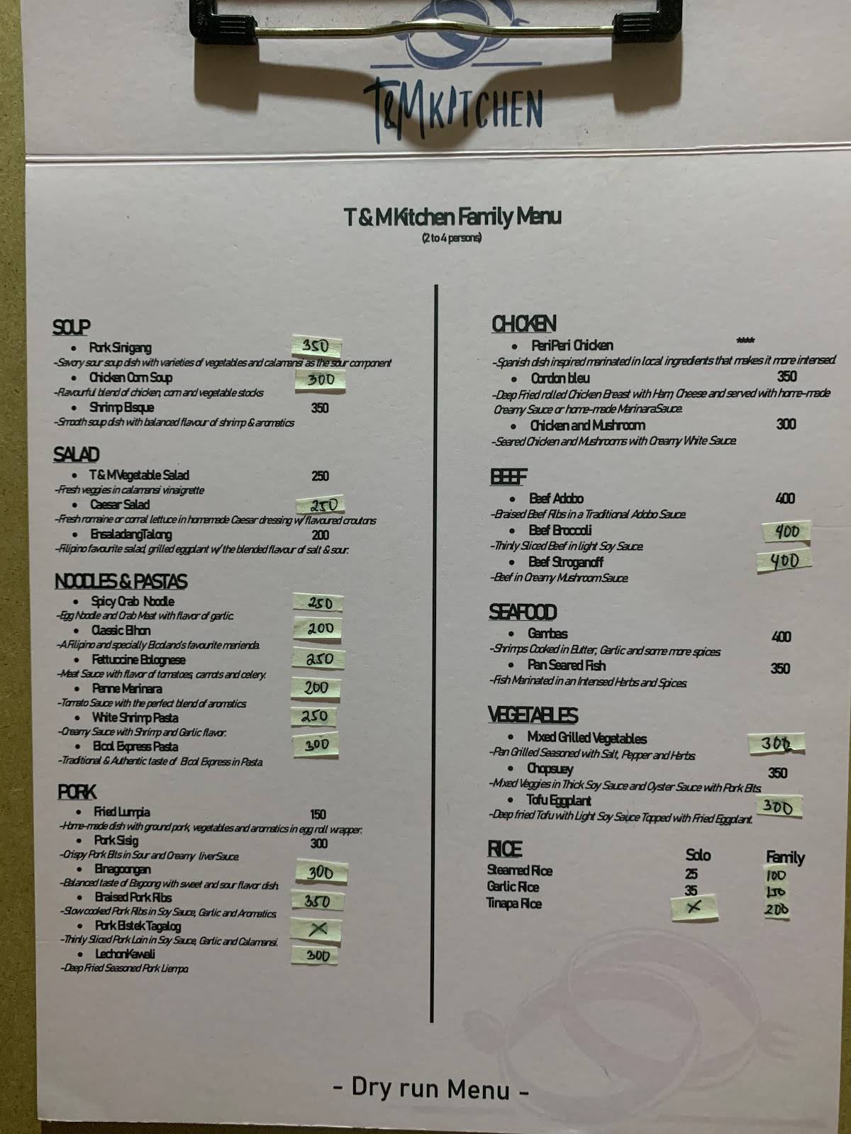 Menu at T&M Restaurant, Sorsogon City