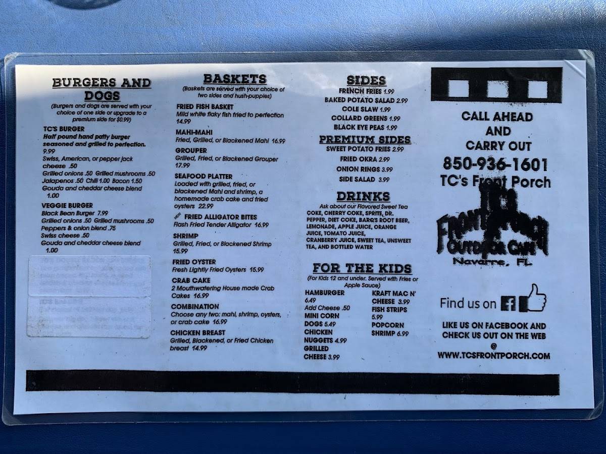 Menu at TC's Front Porch pub & bar, Navarre