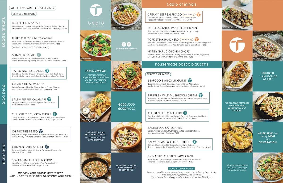 Menu at Tablo Kitchen x Cafe BF Resort Village, Las Pinas