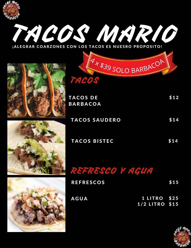 Menu at Tacos Mario restaurant, Tesistán