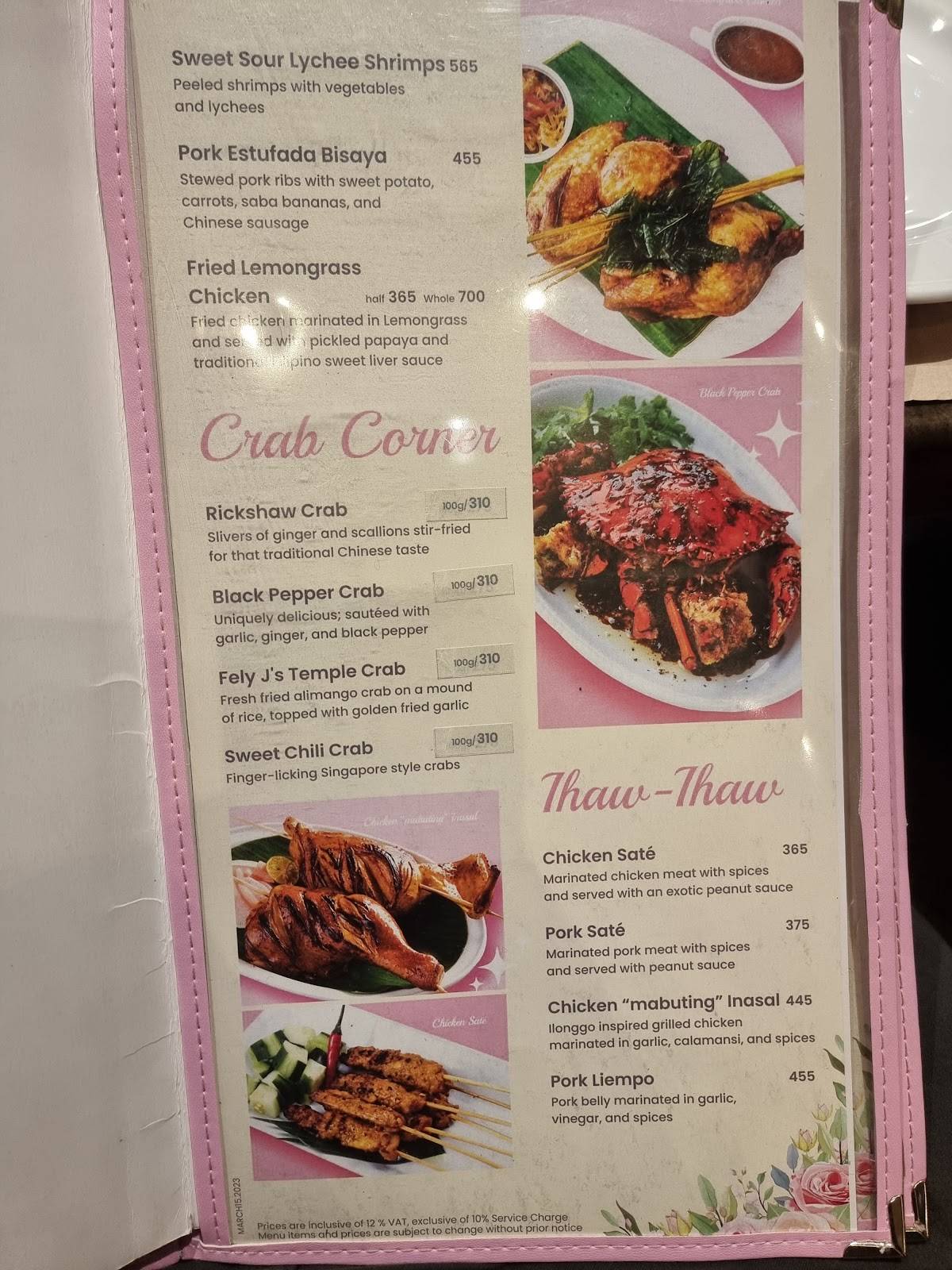 Menu at Fely J's Kitchen Uptown Mall restaurant, Taguig