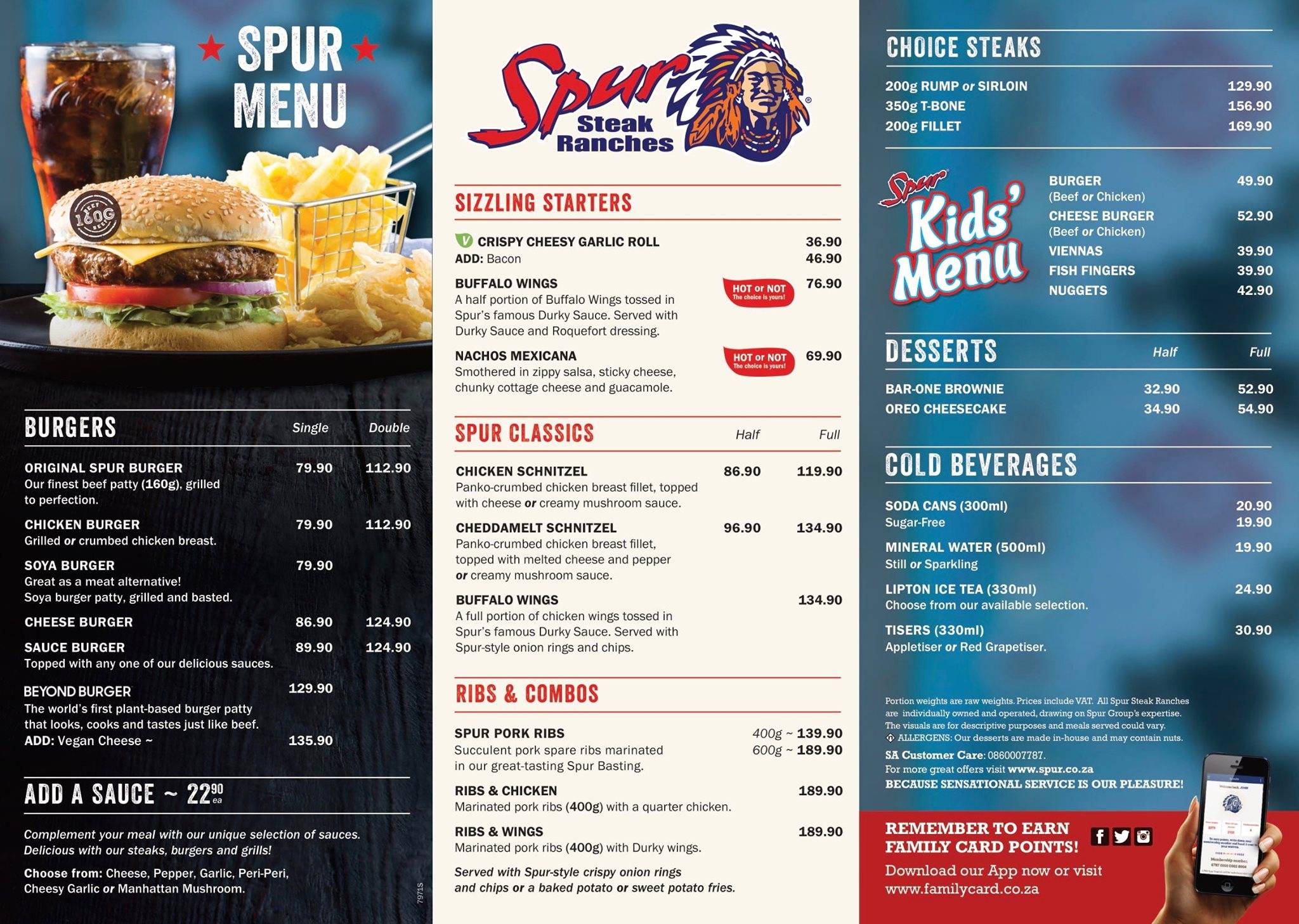 Menu au Takoda Spur Steak Ranch restaurant, Mossel Bay, ATKV Strandoord