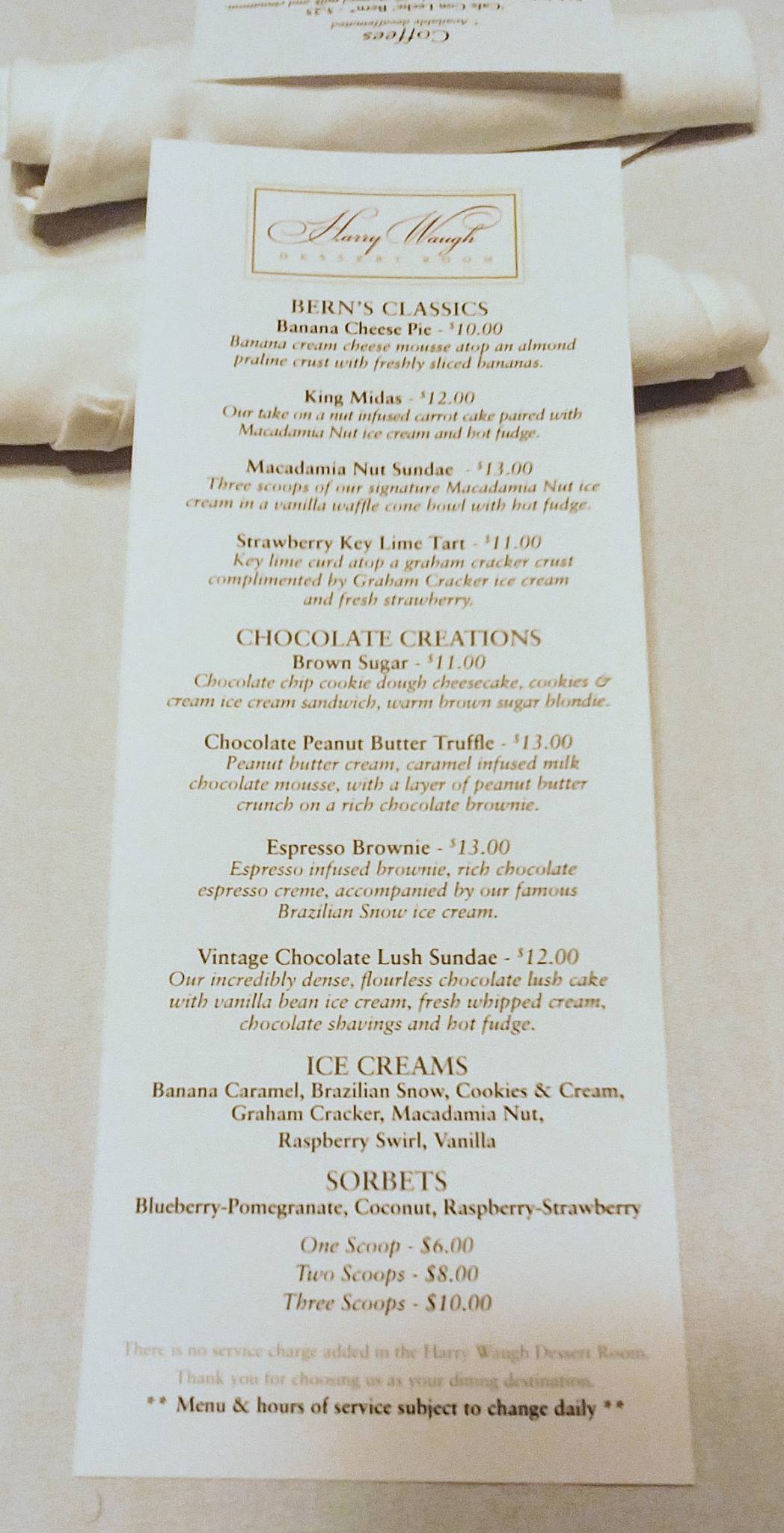 Menu at Bern's Steak House steakhouse, Tampa, 1208 S Howard Ave